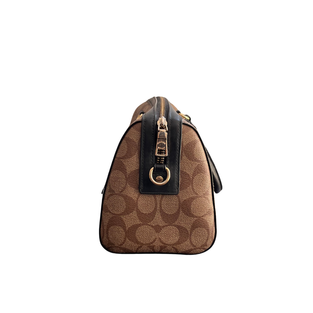 Coach Signature Monogram with Black Leather Trim Rowan Medium Satchel ...